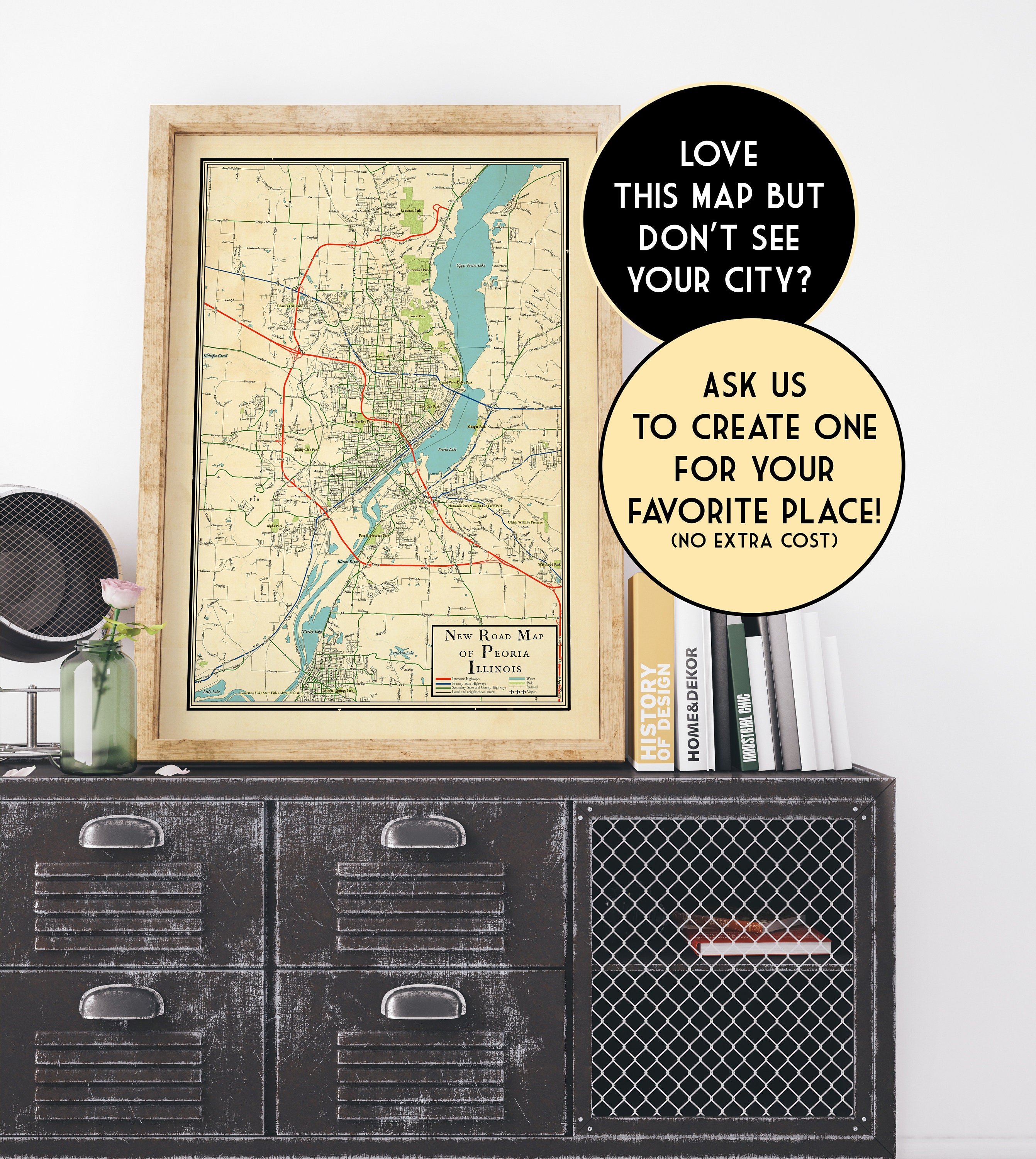 Vintage Retro Design Map of Peoria, Illinois, Vintage Looking Map ...