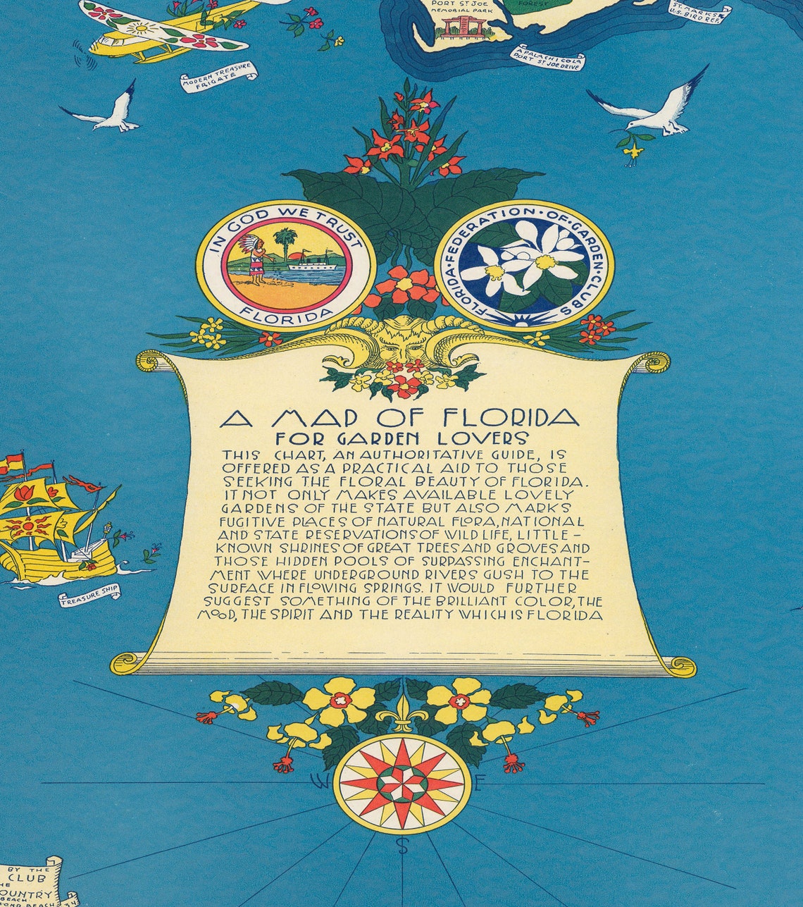 Vintage Florida Flower Map Showing Plants and Bird Species | Etsy