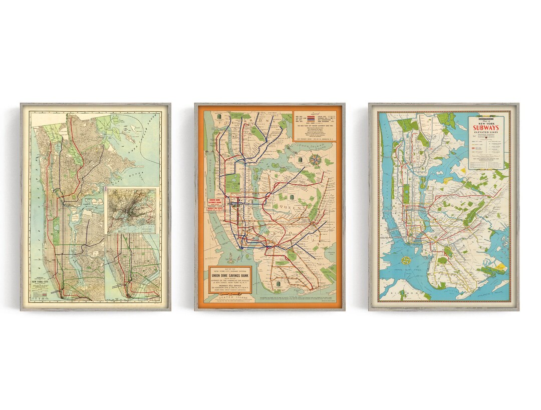 Set of 3 New York City Subway Vintage Maps, Old Nyc Map, Antique Maps ...