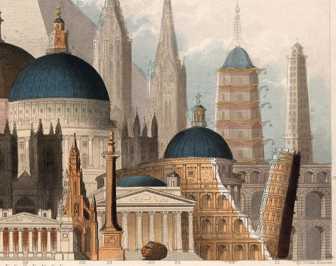 Vintage Architecture Print, Tallest Buildings in the World as of 1850 ...
