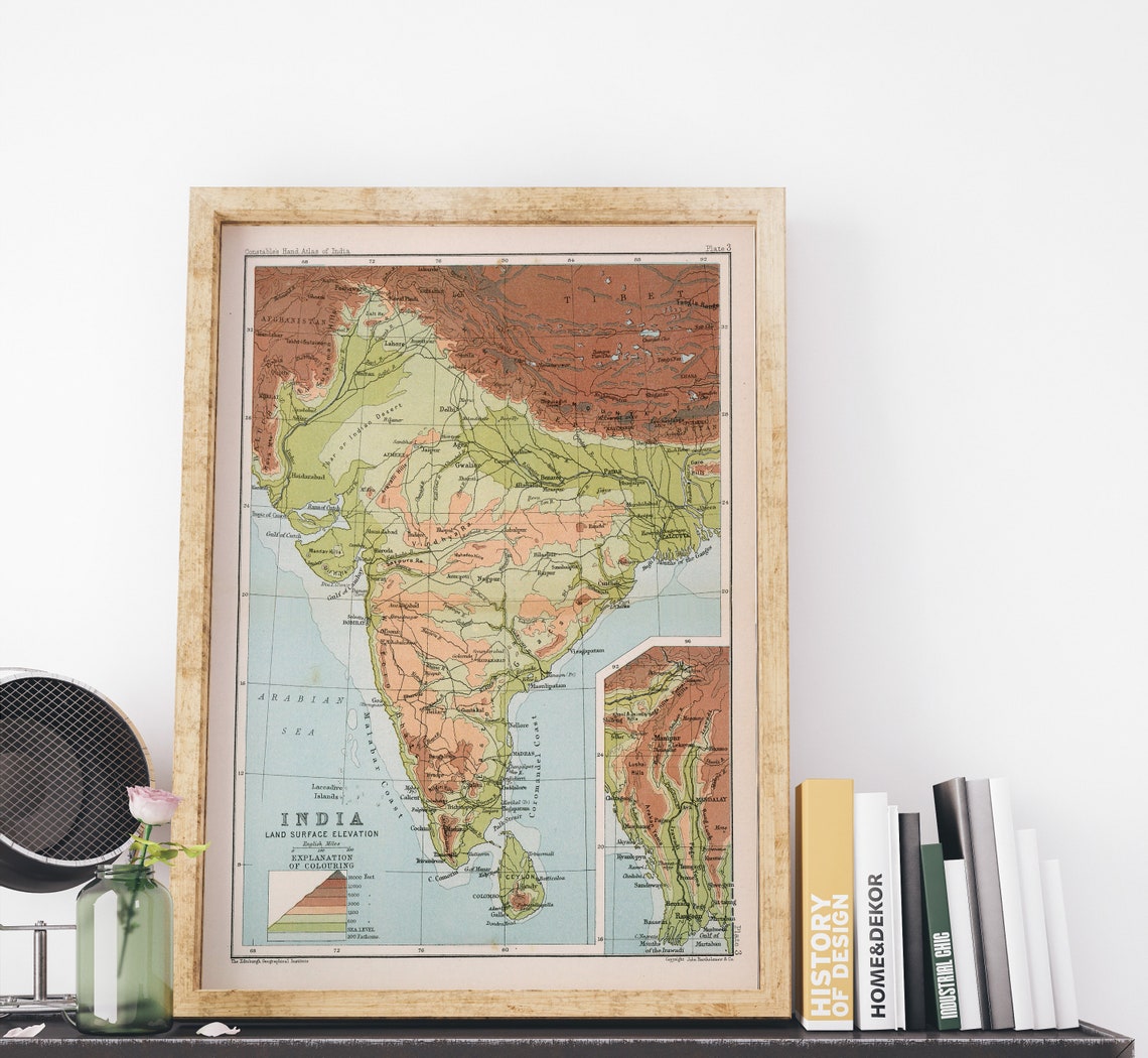 India Vintage Map, Old India Elevation Map, 1893 Antique Map of India ...