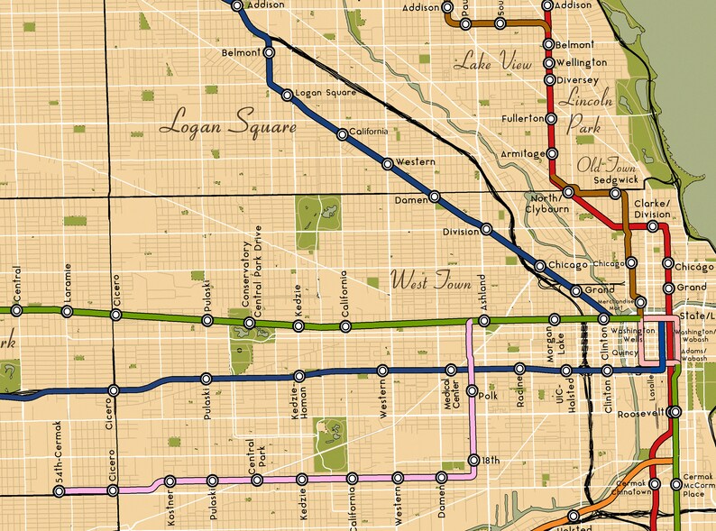 Retro Map of Chicago L Train System, Vintage Style Map of Elevated ...