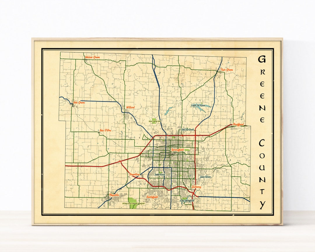 Vintage Retro Design Map of Greene County, Missouri, Springfield ...