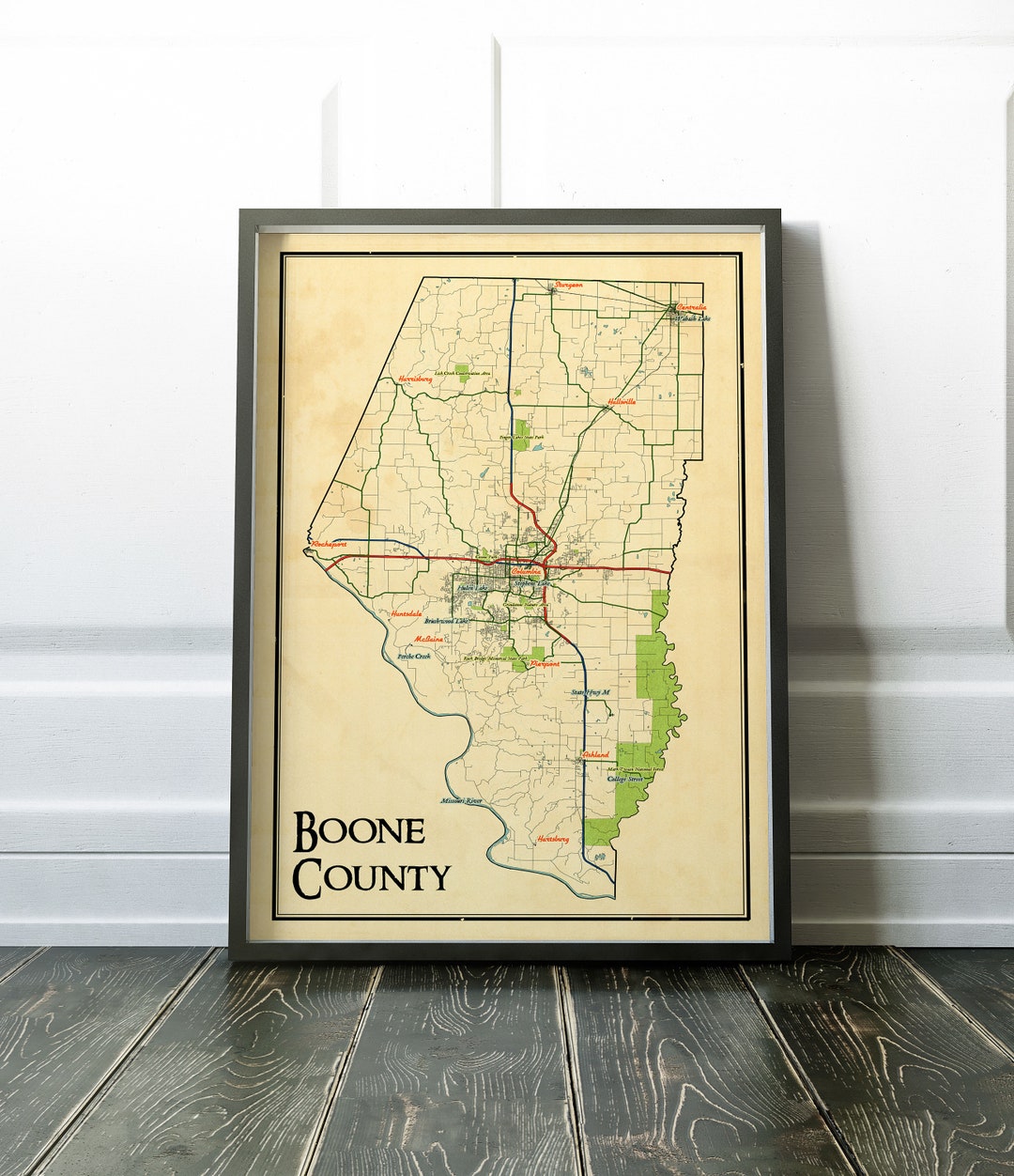 Vintage Retro Design Map of Boone County, Missouri, Columbia ...