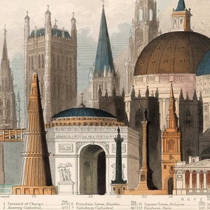 Vintage Architecture Print, Tallest Buildings in the World as of 1850 ...