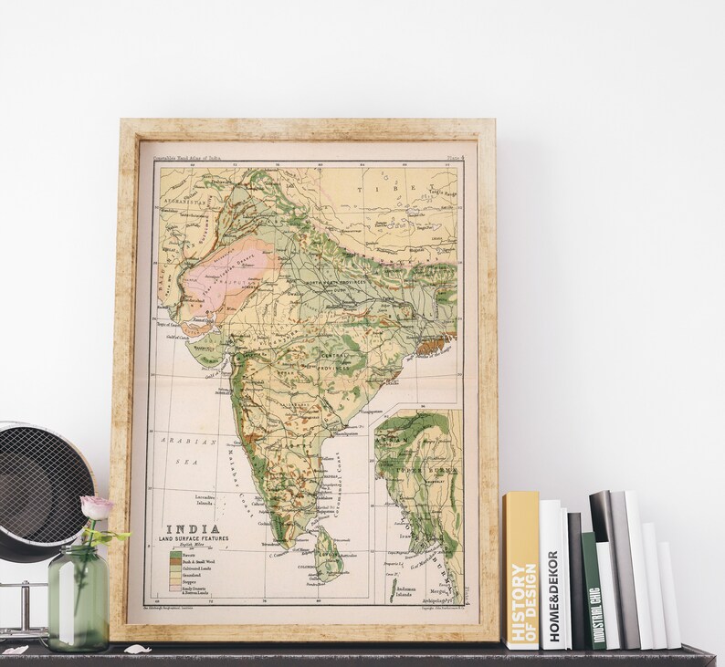 India Vintage Map, Old India Land Surface Map, 1893 Antique Map of ...