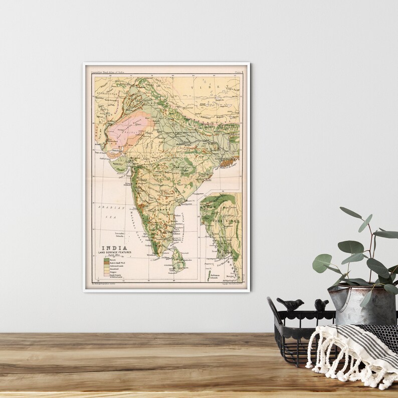 India Vintage Map, Old India Land Surface Map, 1893 Antique Map of ...