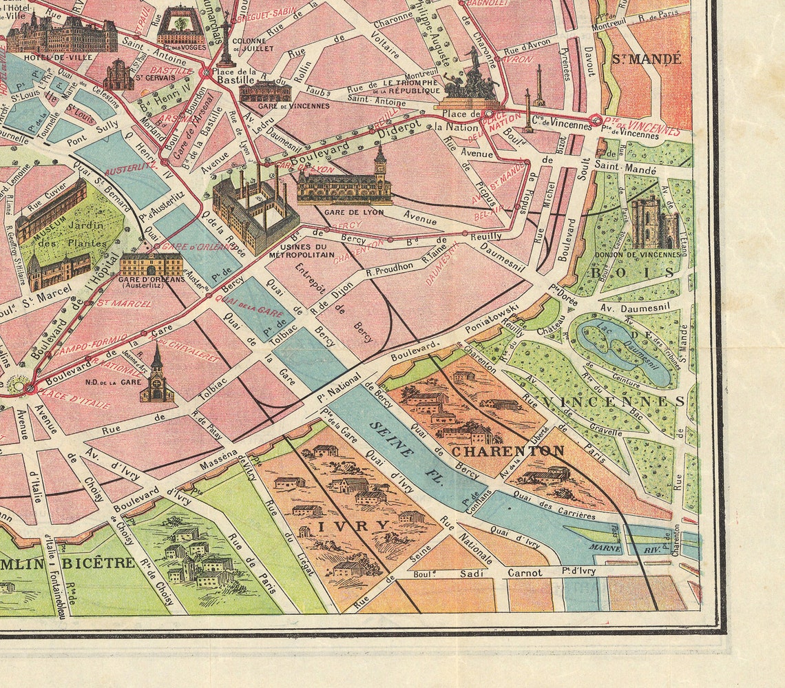 Old Map of Paris Metro and Monuments Early 1900s Vintage | Etsy