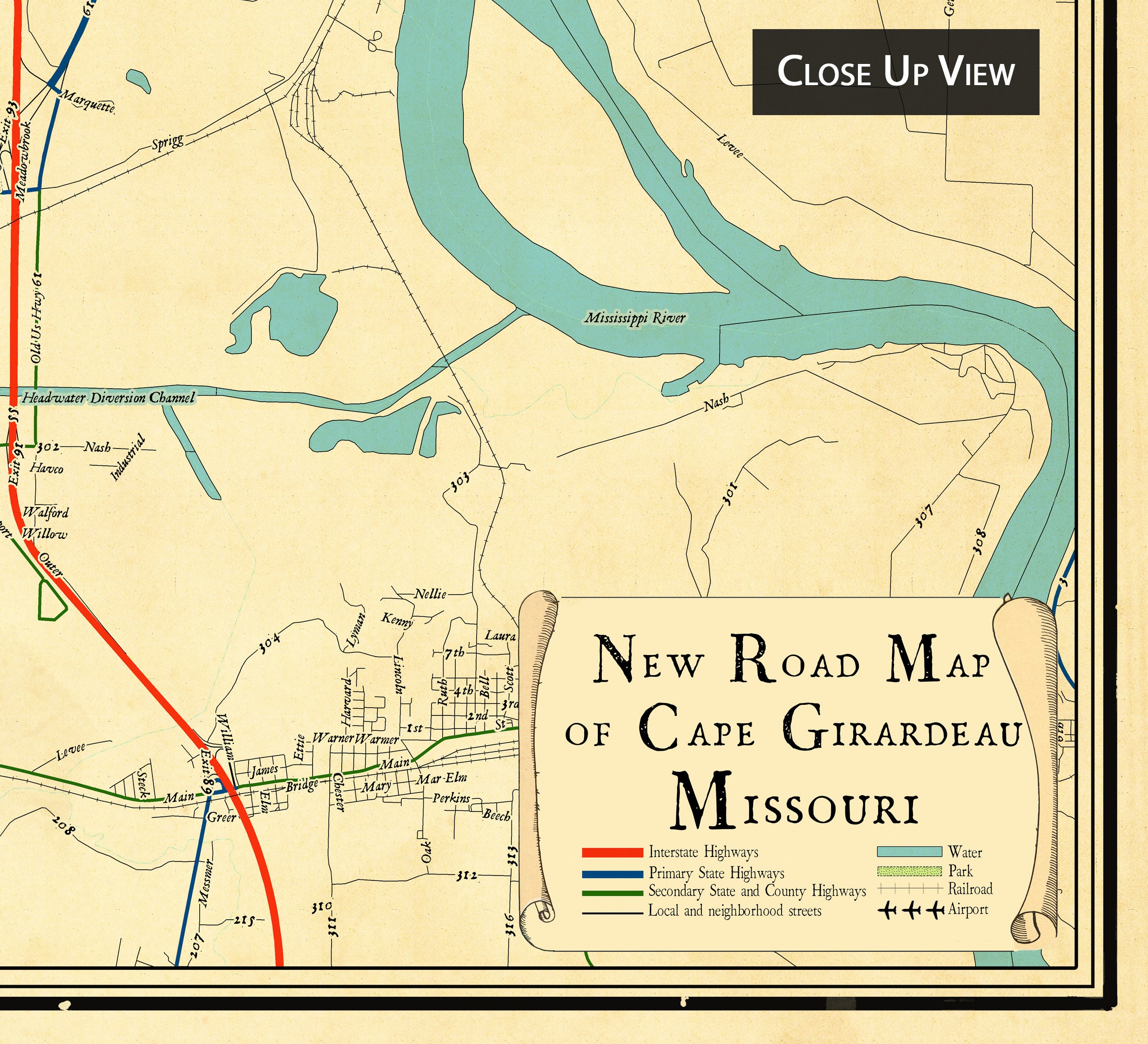 Vintage Retro Design Map of Cape Girardeau, Missouri, Vintage Looking ...