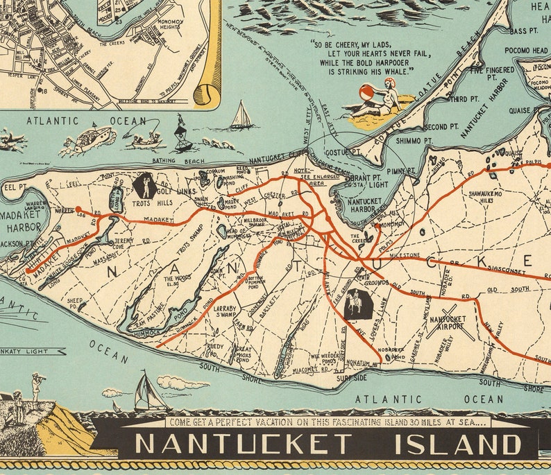 Old Map of Nantucket Island, 1946 Antique Map of Nantucket, Nantucket ...
