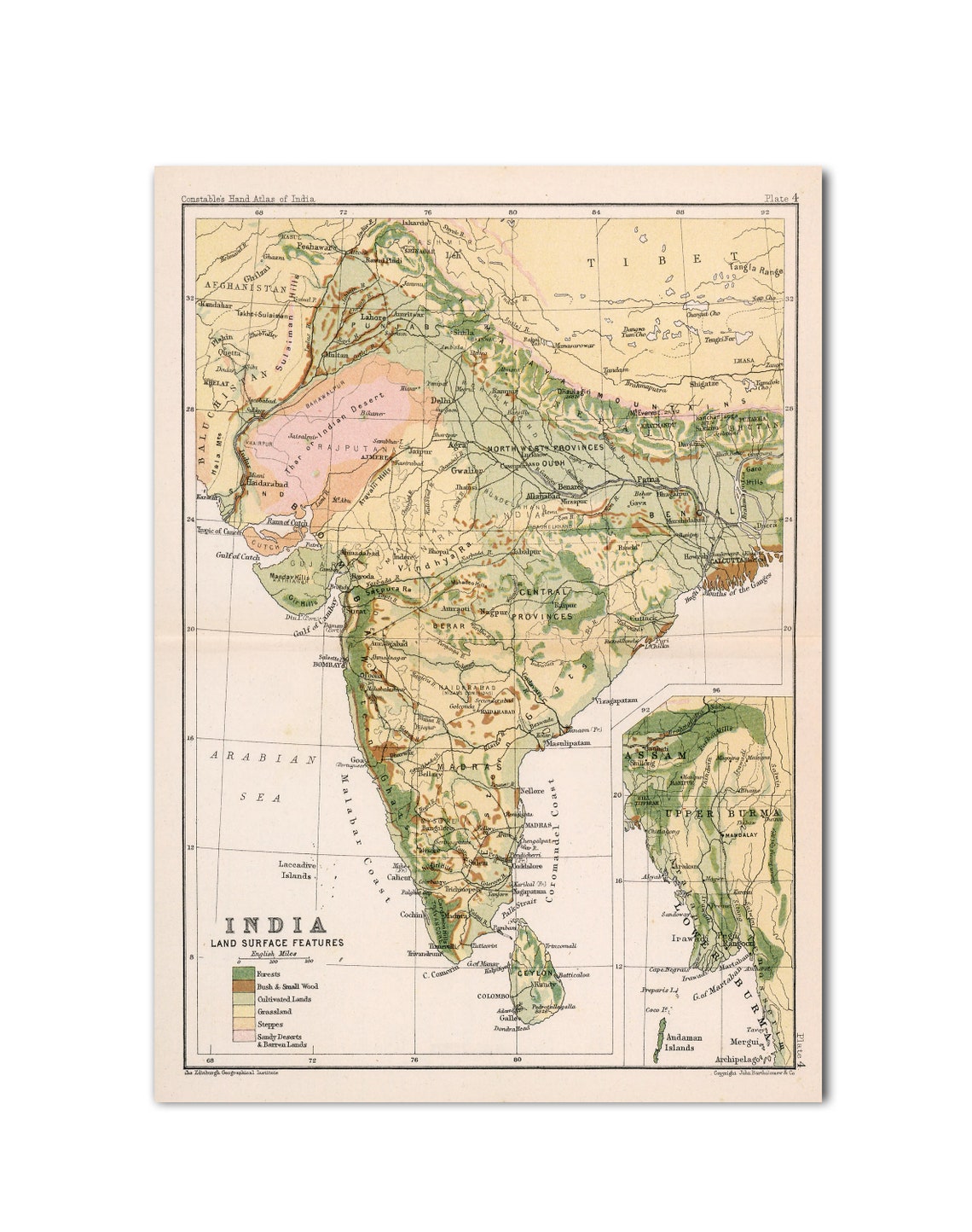 India Vintage Map, Old India Land Surface Map, 1893 Antique Map of ...