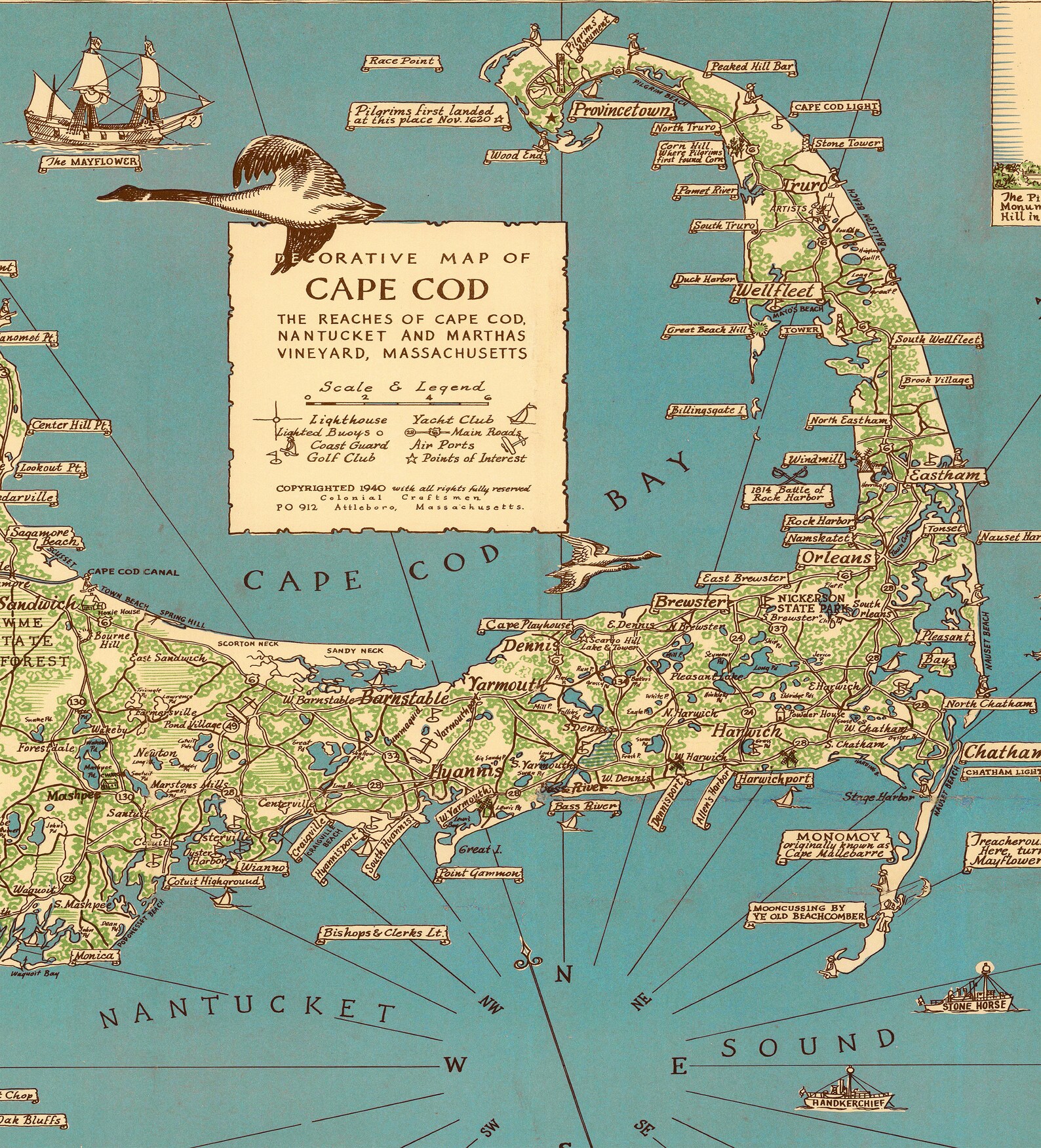 Old Map of Cape Cod, 1940 Antique Map of Cape Cod, Martha's Vineyard ...