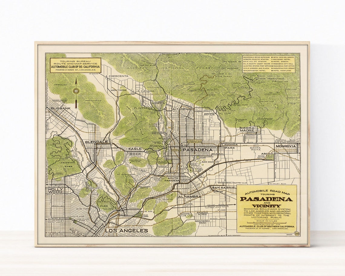 Historic Pasadena Map, Pasadena Vintage Map, Antique Map of Pasadena ...