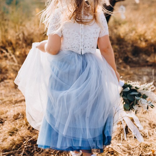 Ivory Lace and Dusty Blue Tulle Flower Girl Dress W0022M - Etsy