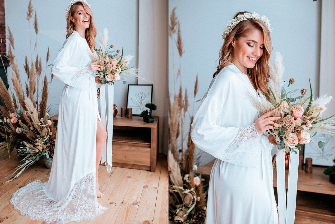 70 Colors Floor Lux Bridal Silk Robe With Lace Train, Silk Bridal Robe ...