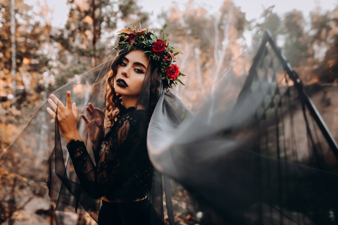 Black Classic Long Cathedral Tulle Veil With Blusher Gothic Black Veil ...