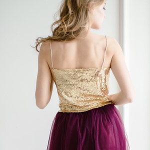 Gold Thin Straps Sequin Top, Sleeveless Party Crop Top, Gold Engagement ...