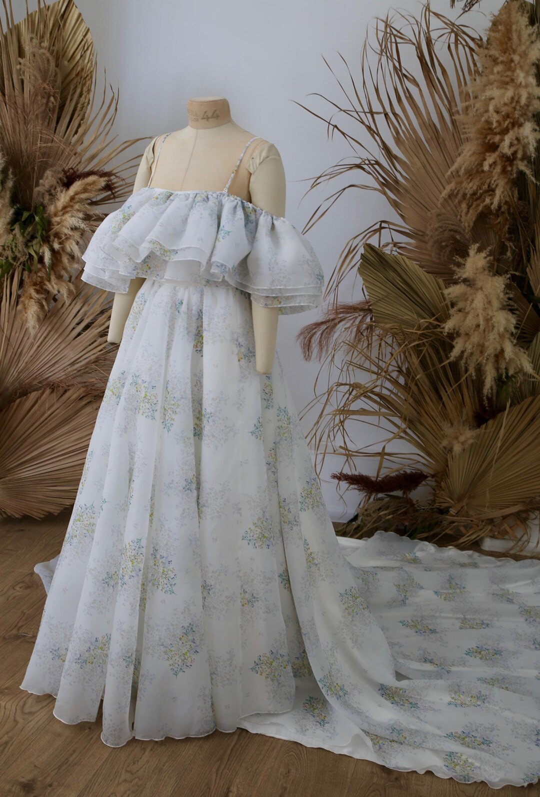 Made-to-order Organza Dress"mimosa":floral Print Organza off Shoulder ...