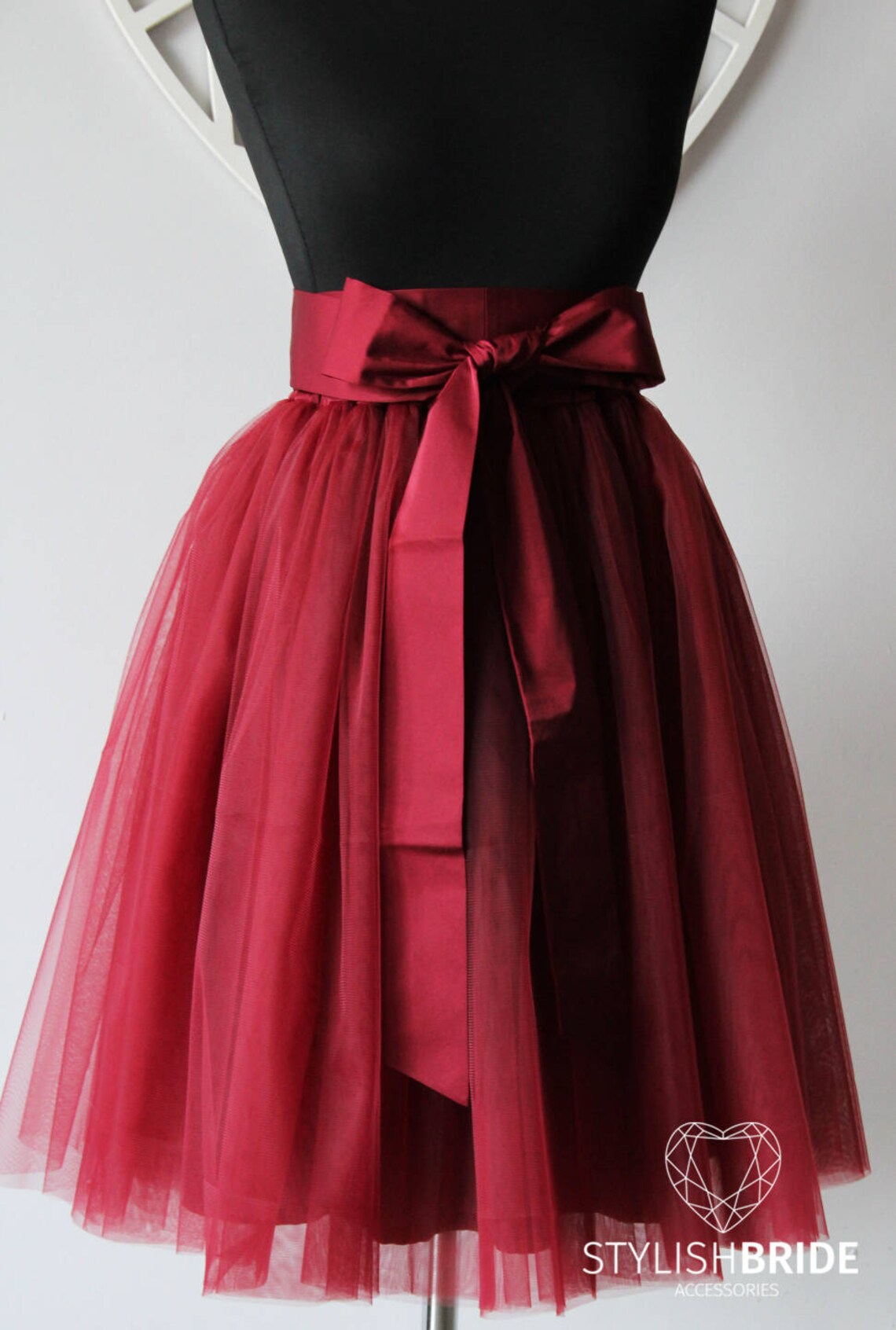 Wine Tulle Skirt Silk Sash Bow Dark Red Tulle Skirt Women Etsy