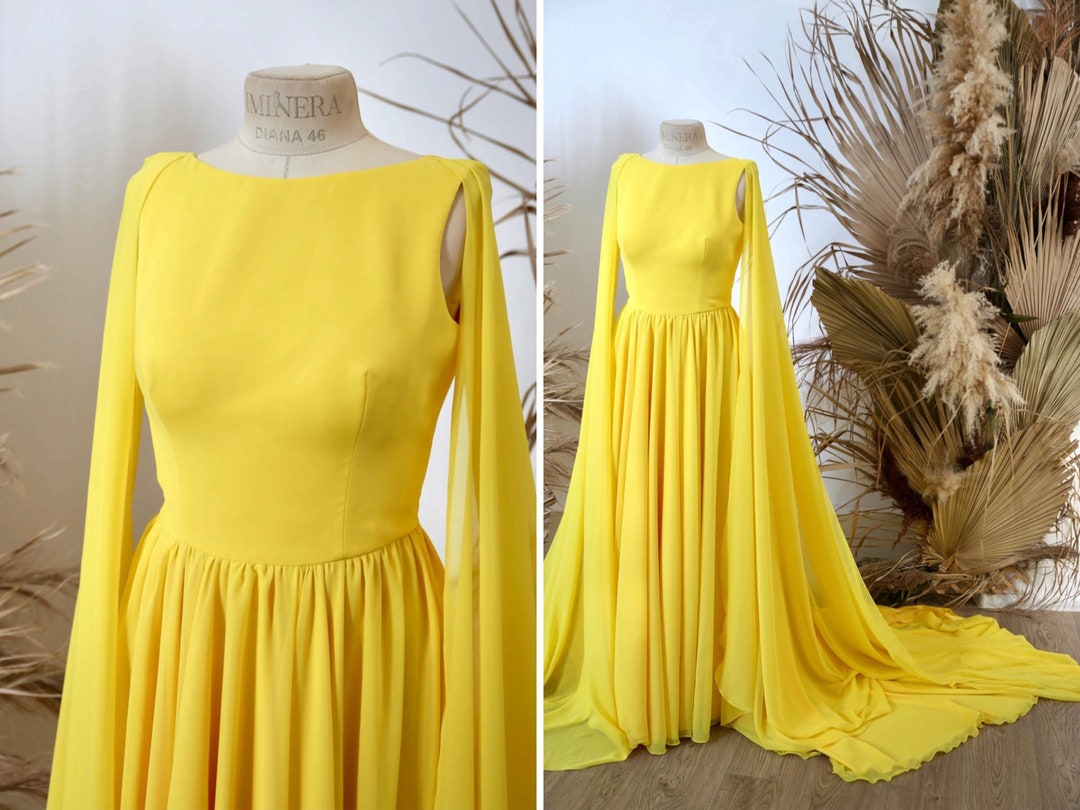 Custom Made Yellow Chiffon Dress. Simple Open Back Dress With Long ...