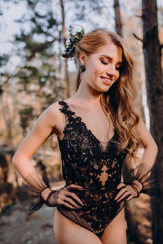 Black Flower Lace Bodysuit With Open Back Botanical Lace Wedding Bodysuit Lingerie Bridal Plus Size Lace Bodysuit ALBERTINE Etsy UK
