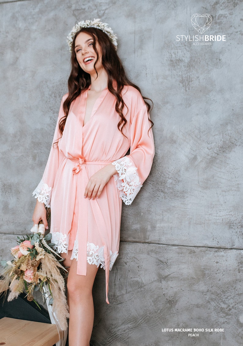 Peach silk satin soft bridesmaid robe bridal peach lace robe | Etsy