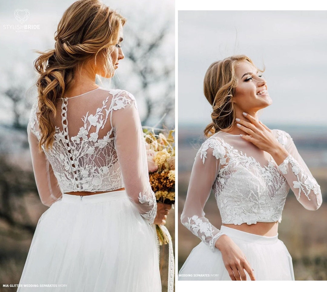 Mia Glitter Wedding Top, Waves Glitter and Flower Lace Crop Top With ...