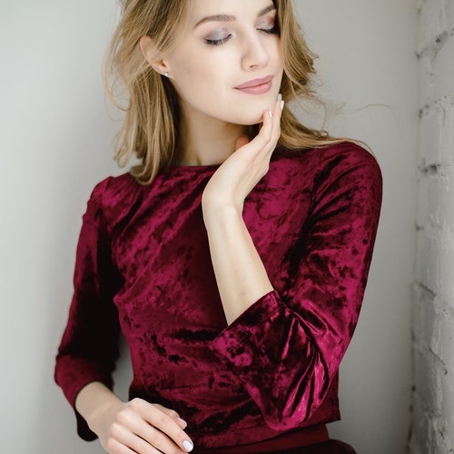 Velvet Simple Tops With Long Sleeves Velvet Crop Top Wedding - Etsy