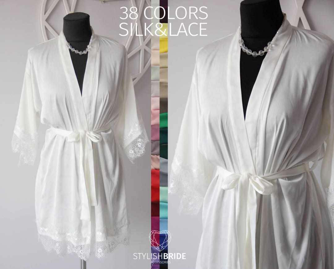 Silk Bridal Robe White Ivory Blush With Lace Trim, Short Silk Bridal ...
