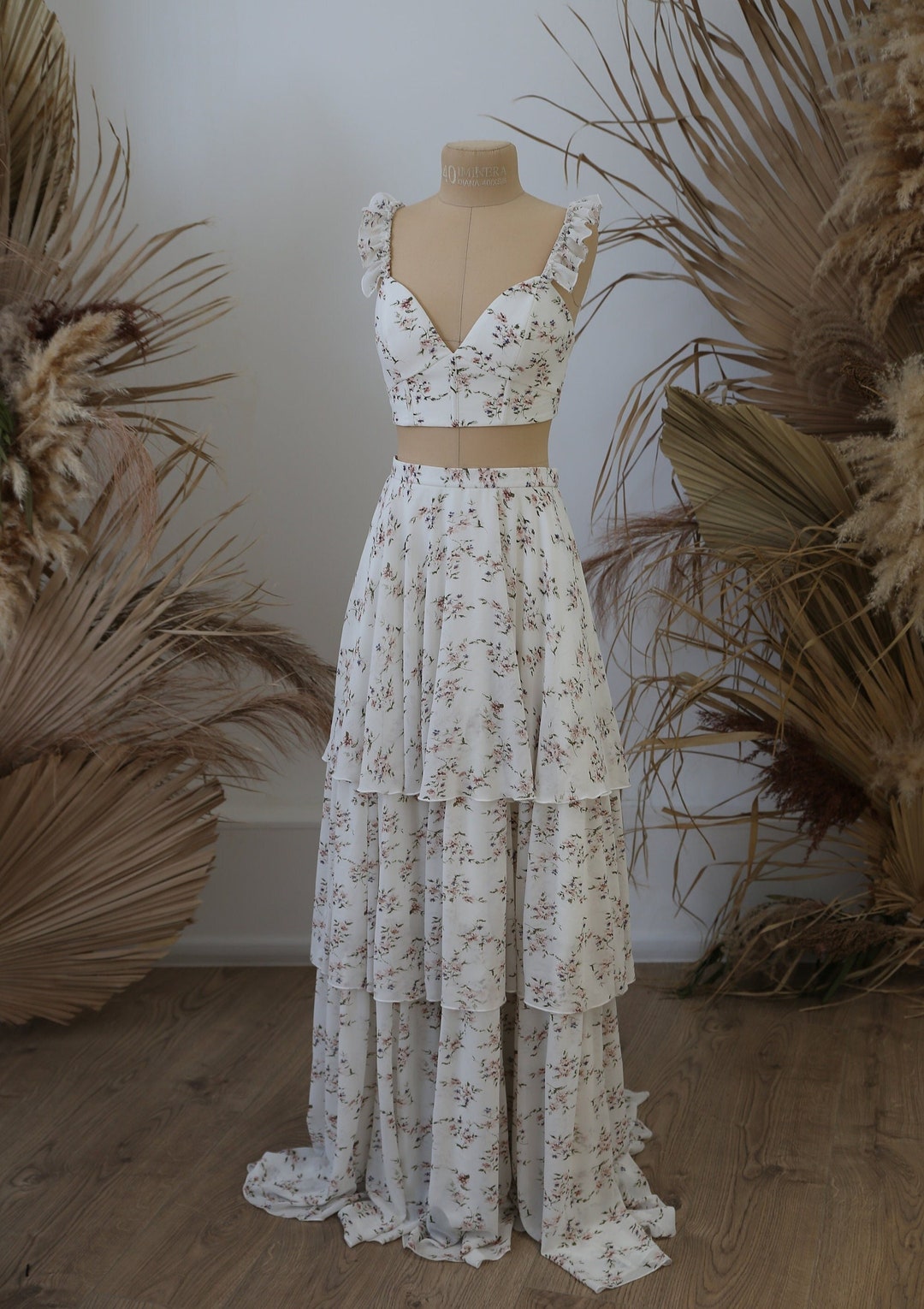 Floral Chiffon Ruffle Skirt Set: XS Bustier, Layered Ivory Outfit - Etsy UK