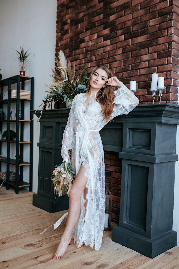 White / Black Maxi Luxury Bridal Robe Chantilly Lace Robe | Etsy