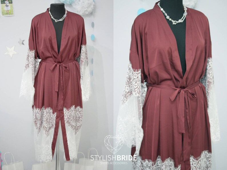 Wine Marsala Bridal Silk Robe With Lace Wine Silk Robe | Etsy