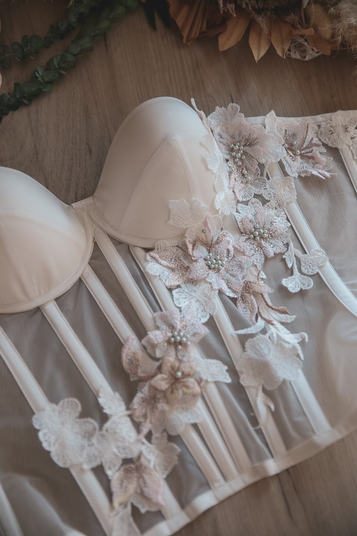 Corset With Cups and 3d Flowers with small beans Bridal | Etsy
