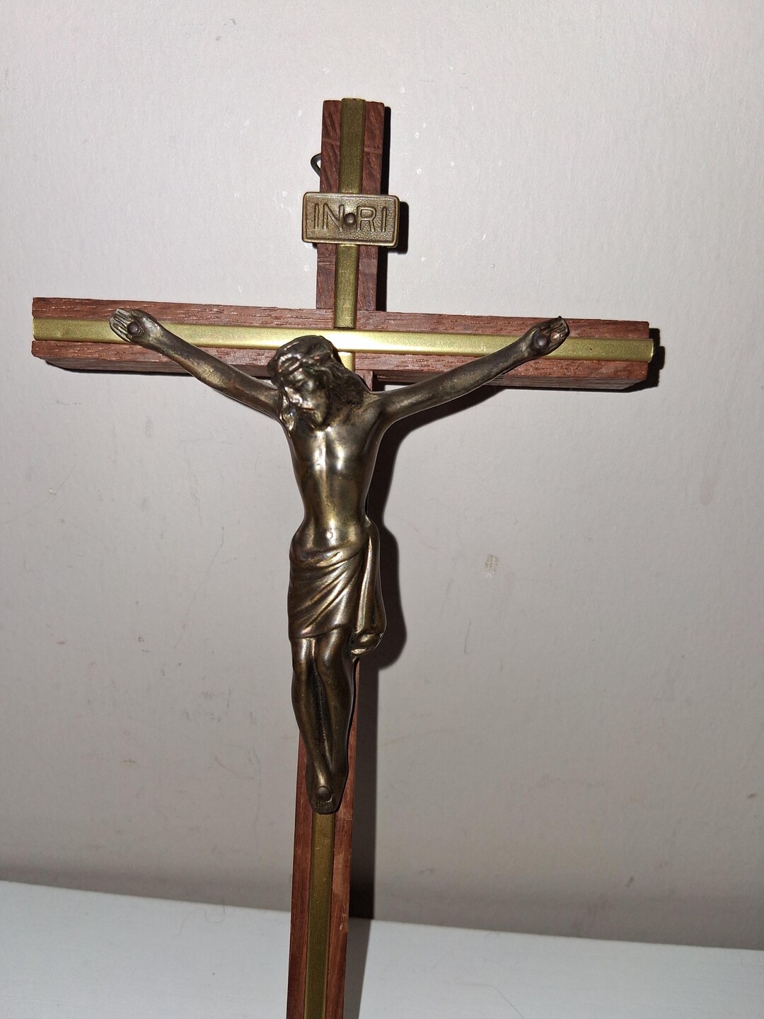 Vintage German Wood & Brass Crucifix | Catholic Wall Cross With INRI ...