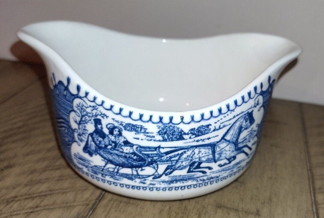 Vintage Currier and Ives Gravy Boat Blue by Royal USA Sleigh Ride - Etsy