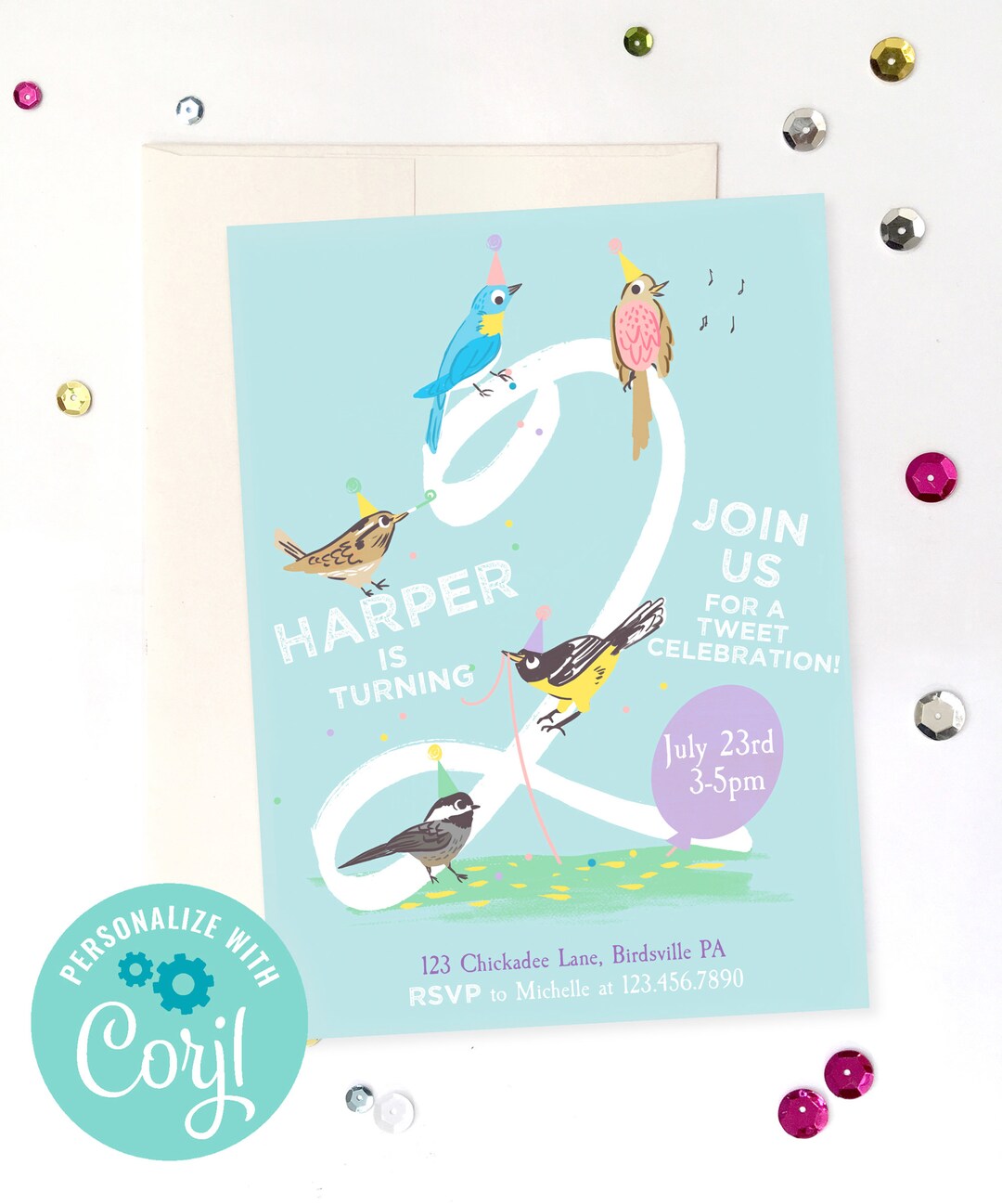 Editable Bird Birthday Party Age 2, Songbird Birthday Invitation ...