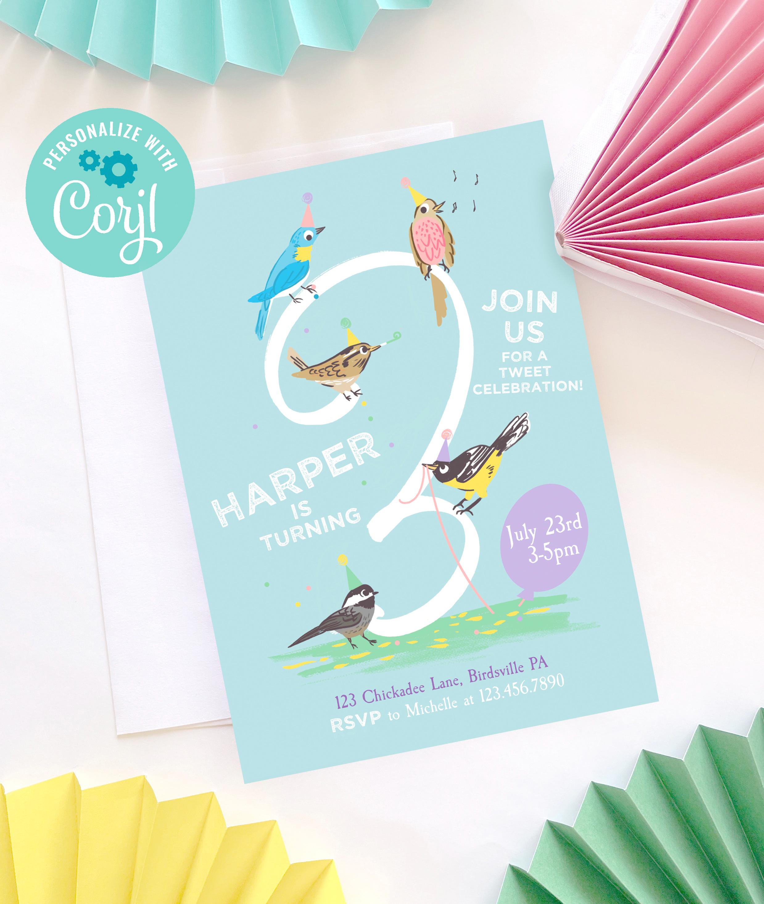 Editable Bird Birthday Party Age 3, Songbird Birthday Invitation ...