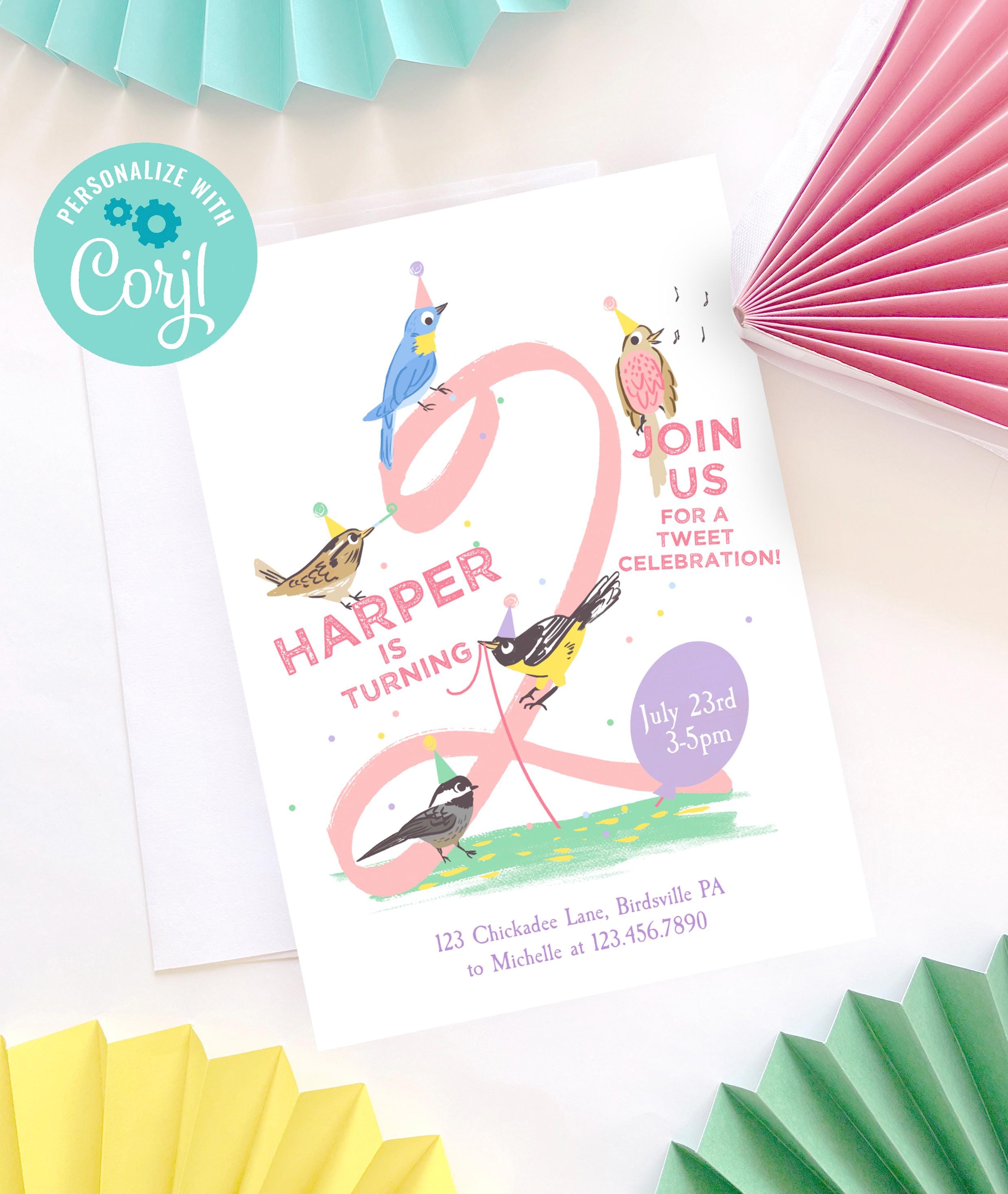 Editable Bird Birthday Party, Songbird Birthday Invitation, Age 2 ...