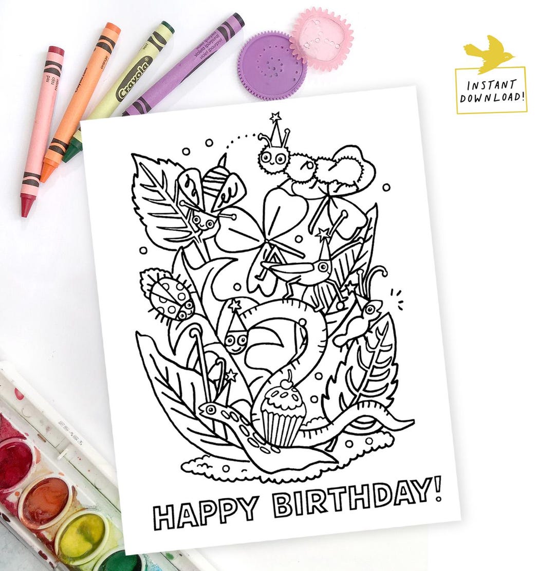 Bug Party Printable, Birthday Bug Coloring Page, Happy Birthday Bug ...
