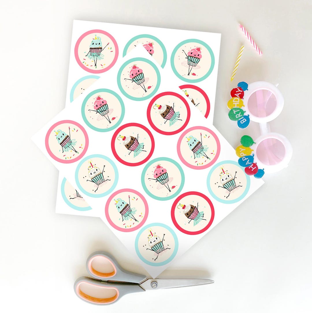 Birthday Cupcake Stickers, Digital Cupcake Sticker, Cupcake Toppers ...