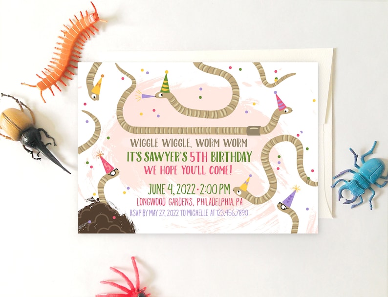 Worm Party Invitation, Worm Birthday, Worm Invite Pink, Kids Garden ...