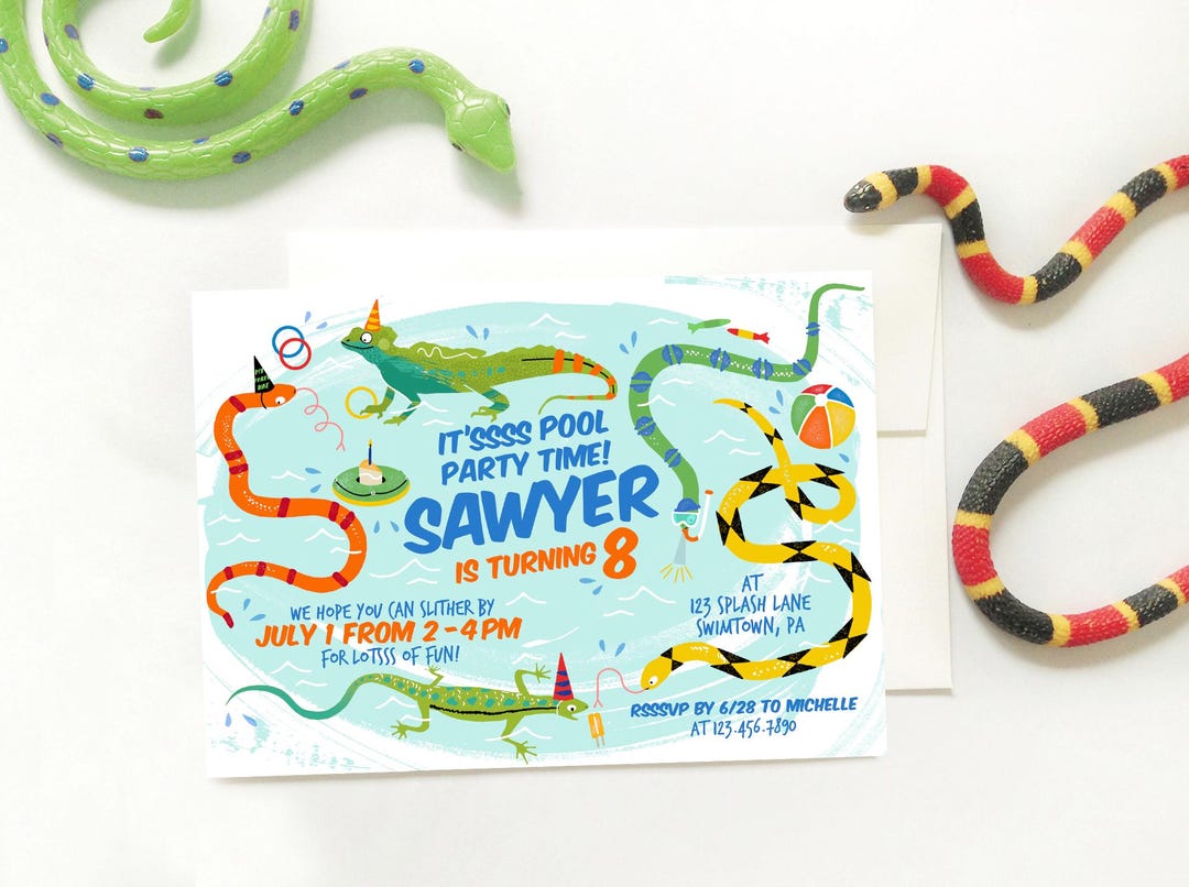 Lizard Birthday Pool Party Invitation, Snake Pool Party Invitation ...