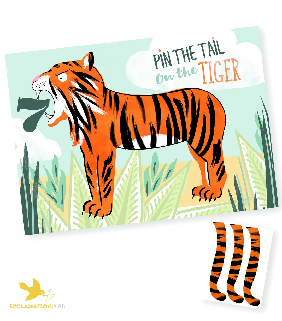 Digital Tiger Party Game Printable, Pin the Tail on the Tiger, Custom ...