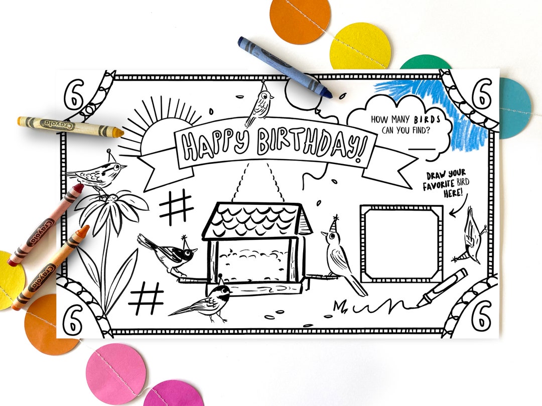 Bird Birthday Party Printable, Bird Birthday Coloring Placemat, Age 6 ...