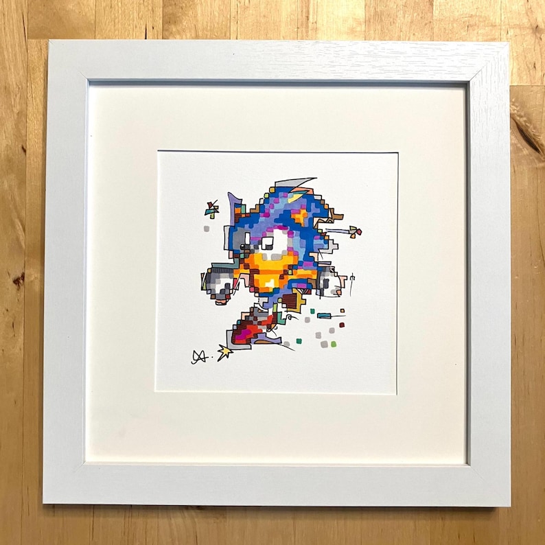 Sonic the Hedgehog Running Pixel Art: Hand-drawn Framed Illustration ...