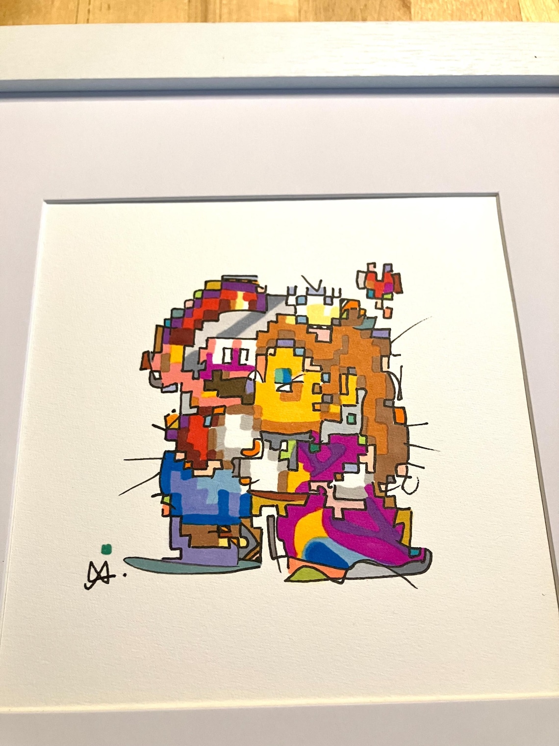 Super Mario & Princess Peach Kiss Pixel Art: Hand-drawn ORIGINAL Framed ...