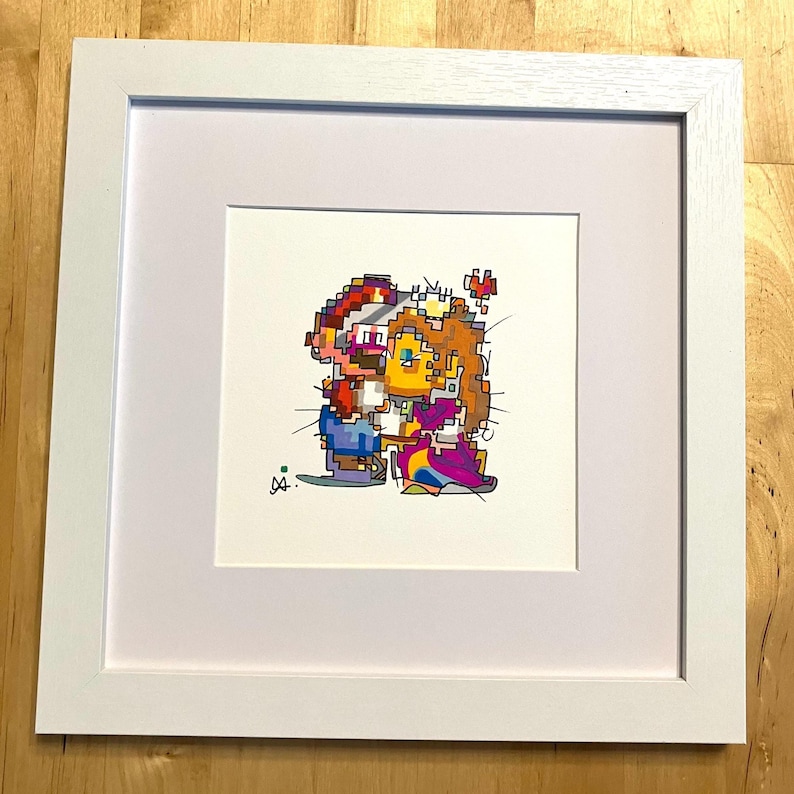 Super Mario & Princess Peach Kiss Pixel Art: Hand-drawn ORIGINAL Framed ...