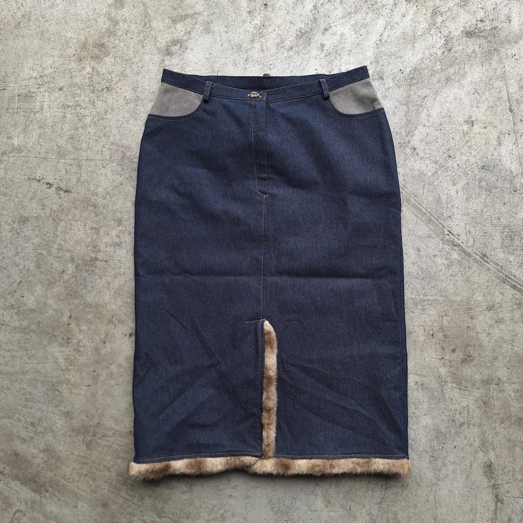 Y2K Coconuda Pencil Denim Skirt With Faux Fur | Midi Skirt 2000s ...
