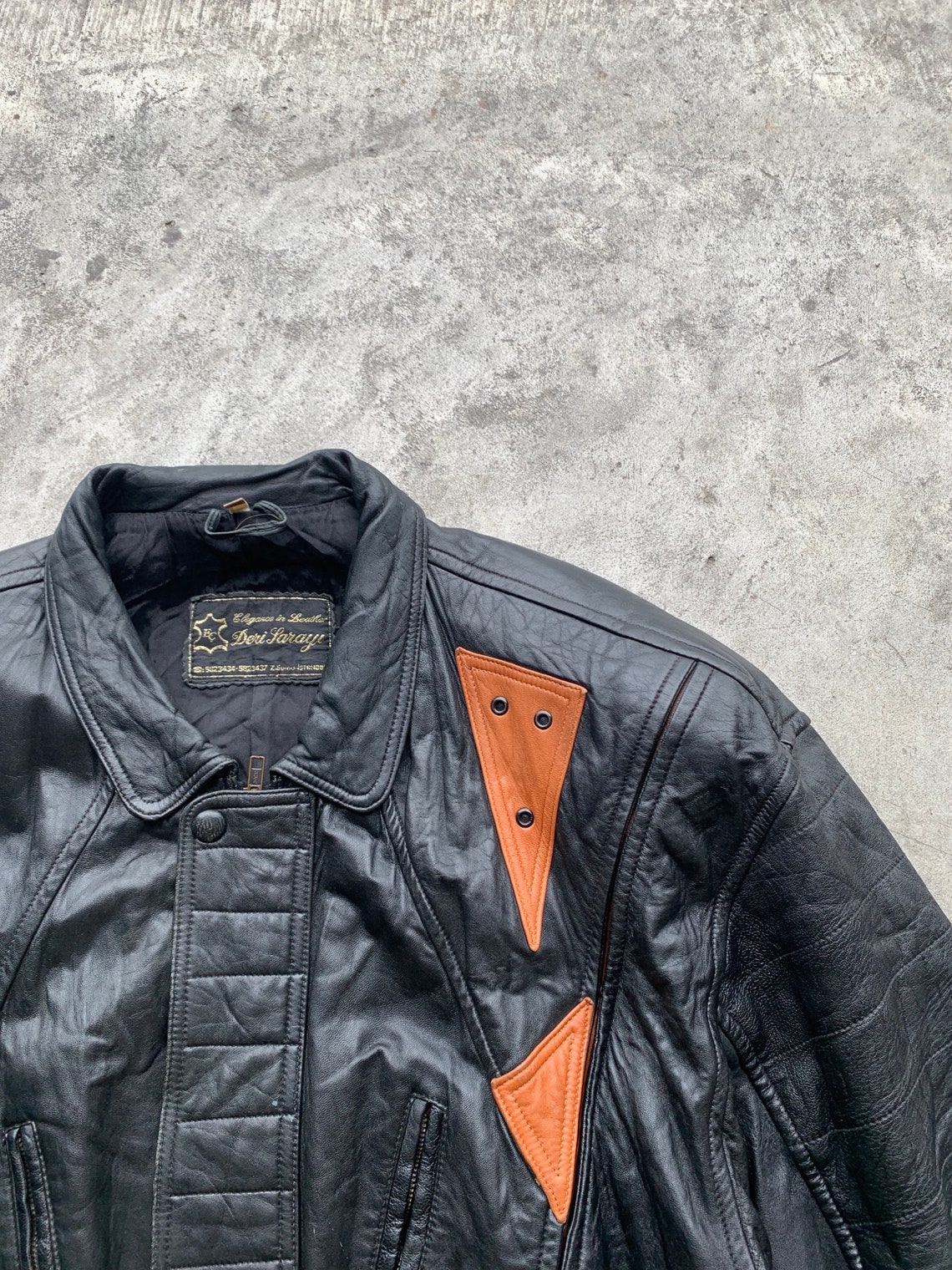 Vintage Deri Sarayi Black Leather Bomber Jacket Orange Triangle Size 56 ...