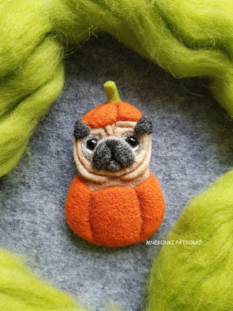 Halloween Pug Pumpkin Felt Brooch Needle Felting Dog Wool Pet Figurine ...